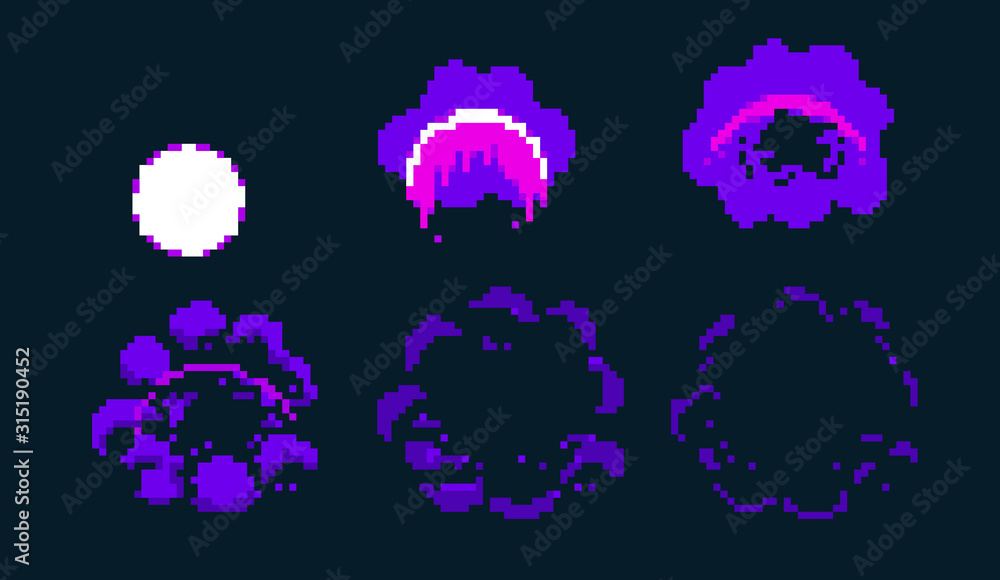Pixel art explosion. Game icons set. Comic boom flame effects for ...