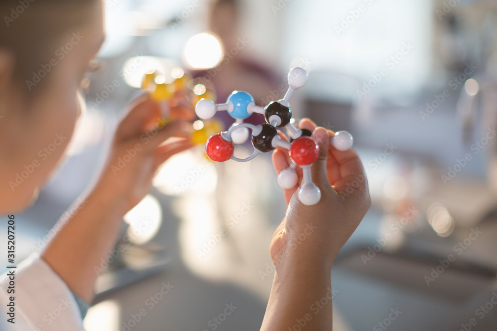Curious girl student holding molecule model in classroom Stock Photo ...