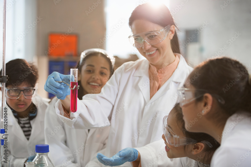 Smiling female chemistry teacher and students conducting scientific ...