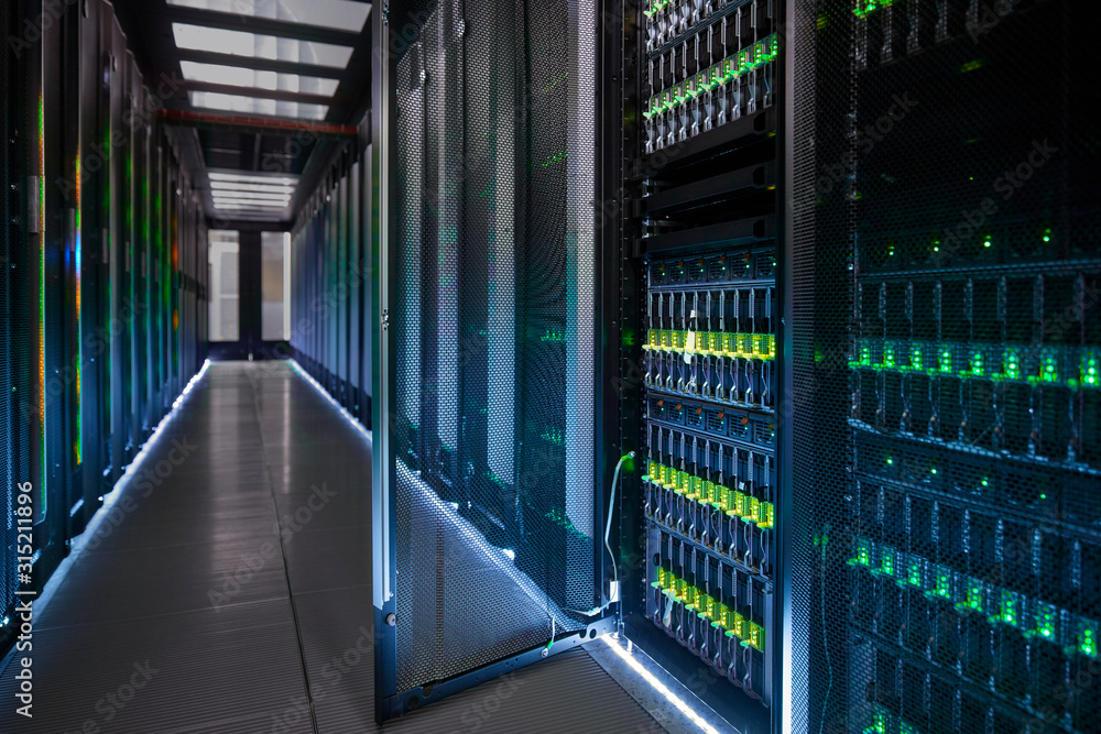 Glowing, open panel in dark server room Stock Photo | Adobe Stock