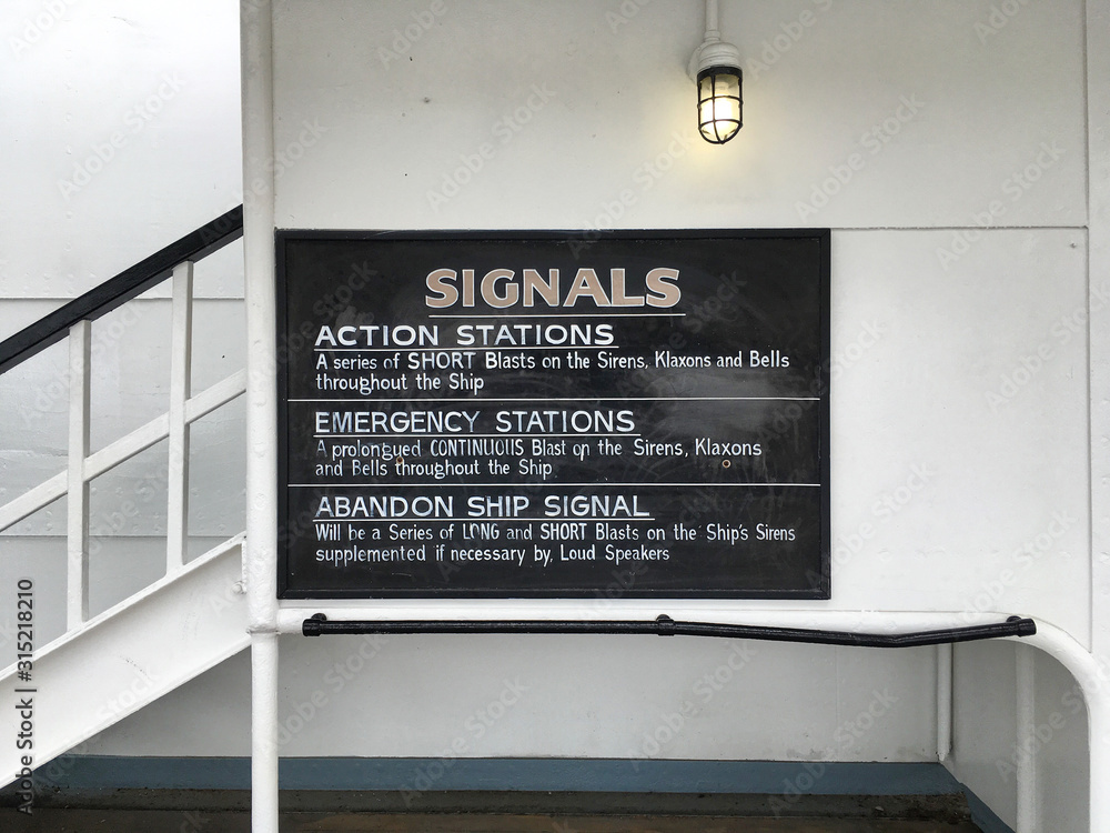 Sign or signage on oceanliner, cruiseship or cruise ship liner about ...
