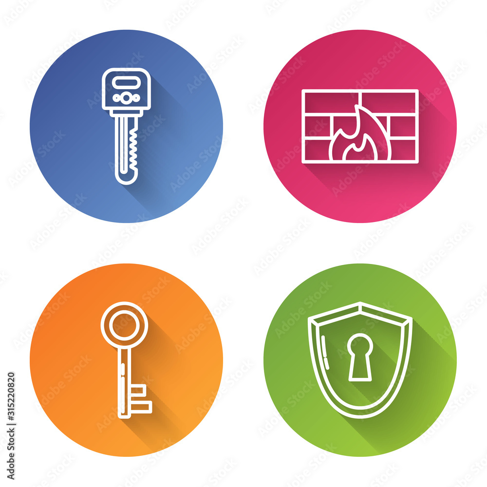 Set line Key , Firewall, security wall , Key and Shield with keyhole ...
