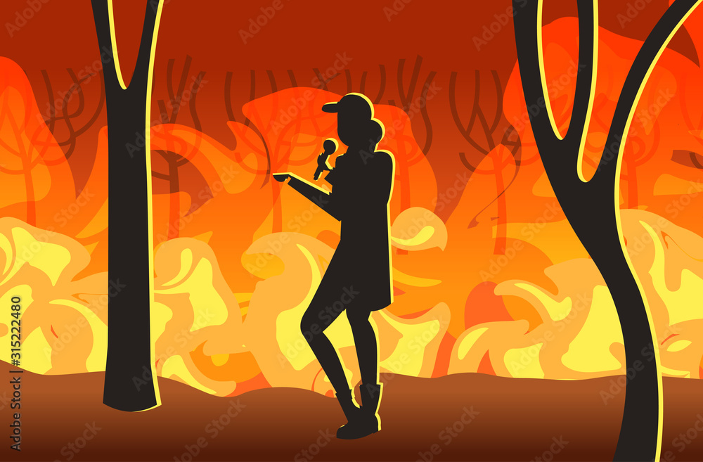 breaking news reporter talking to microphone bushfire global warming ...