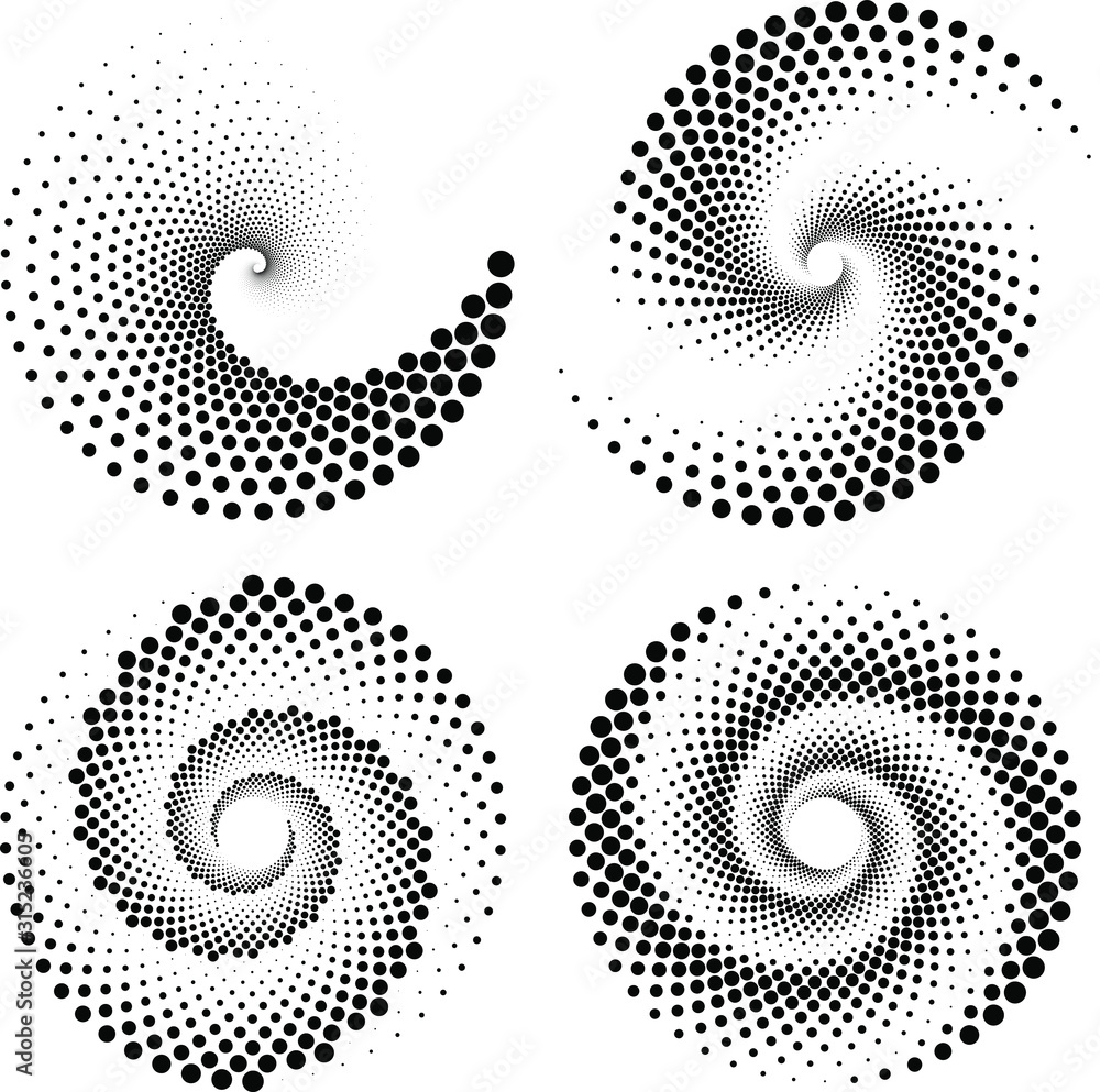 Set of black abstract halftone dots in spiral form. Geometric art ...