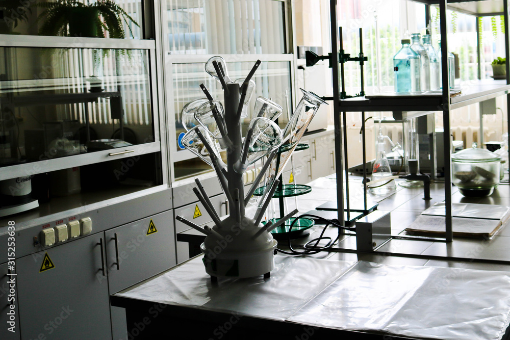 A large research chemical medical laboratory with devices equipped with ...