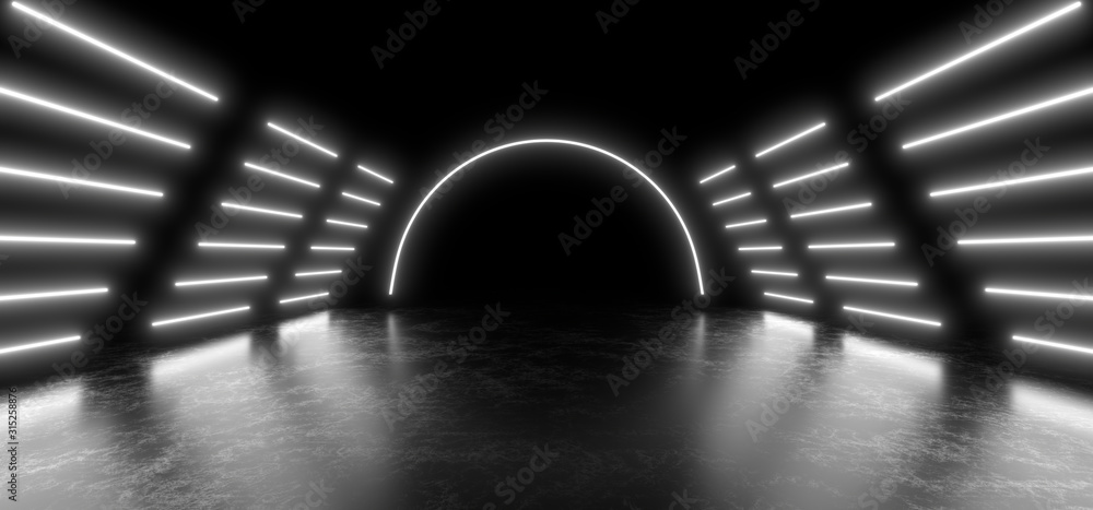 Beautiful composition of white neon lights on a black background. 3d ...