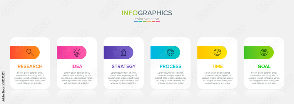 Concept of arrow business model with 6 successive steps. Six colorful ...