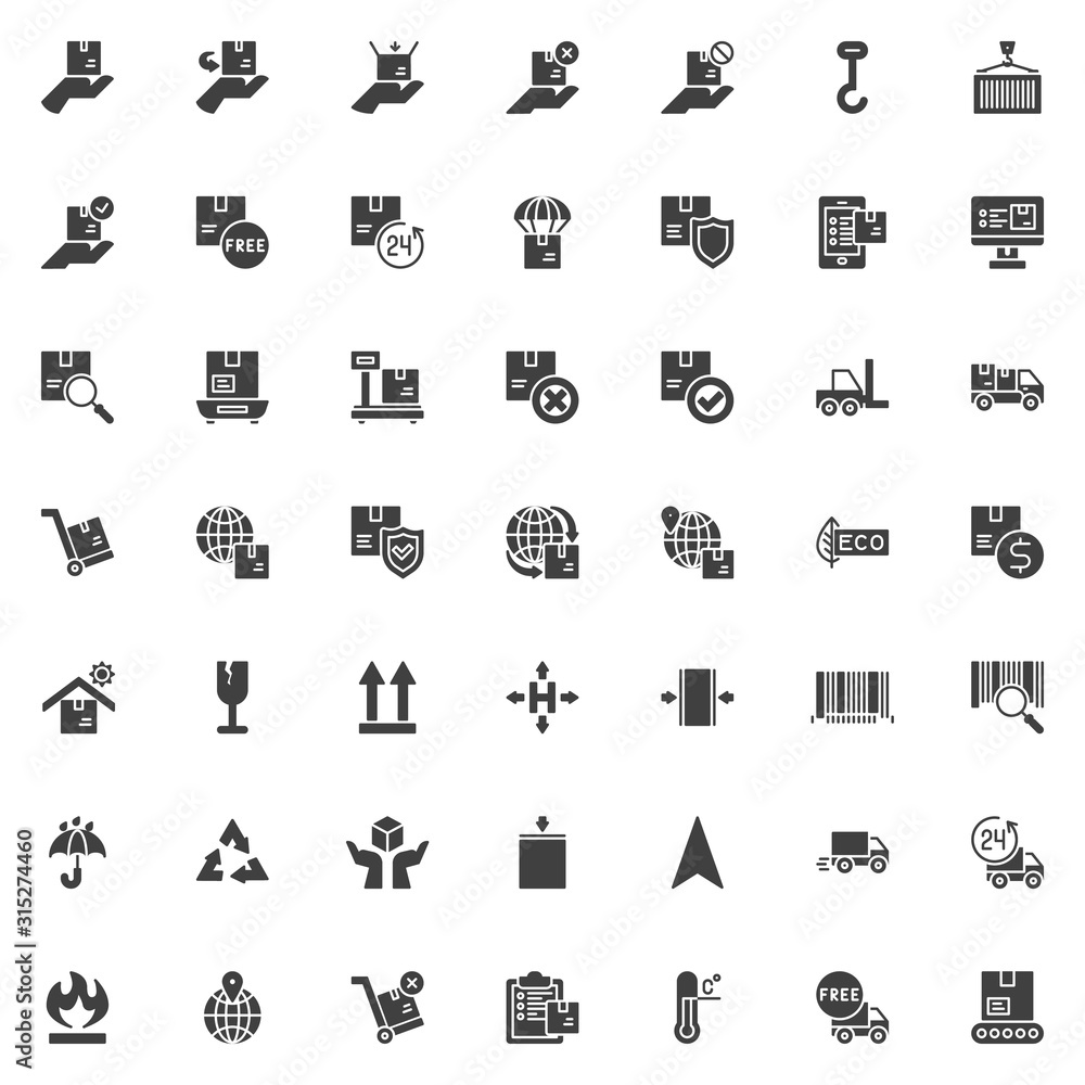 Cargo logistics vector icons set, Parcel shipping modern solid symbol ...