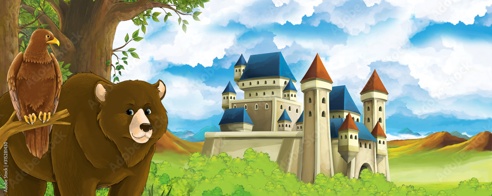 Cartoon nature scene with beautiful castle near the forest with bear ...