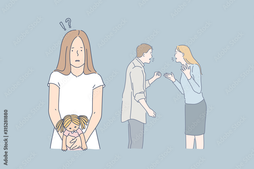 Family, quarrel, stress, conflict concept. Frightened child gets stress ...