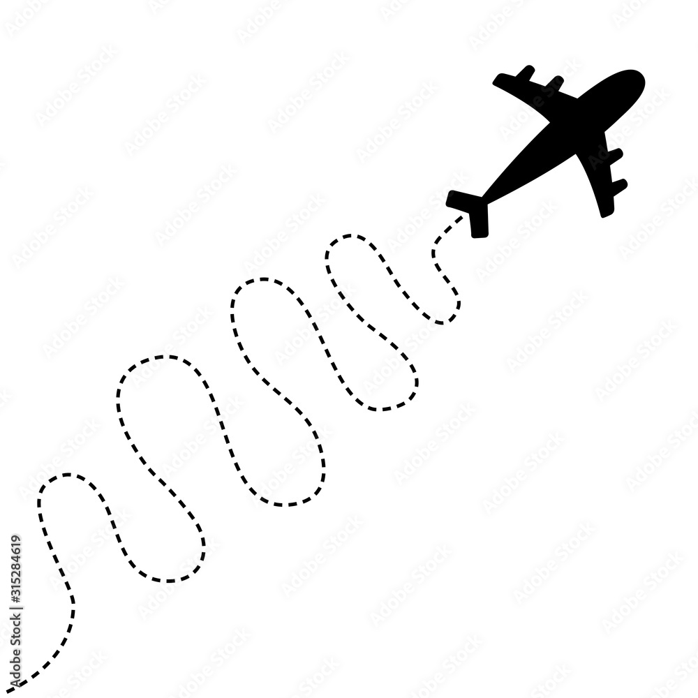 Air plane icon. Black silhouette shape. Airplane flying. Zigzag dash ...