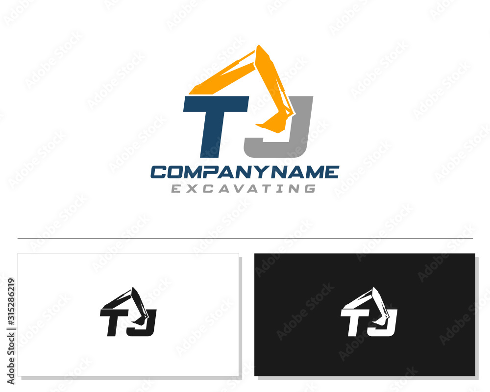 Initial T J TJ excavator logo concept vector with arm excavator ...