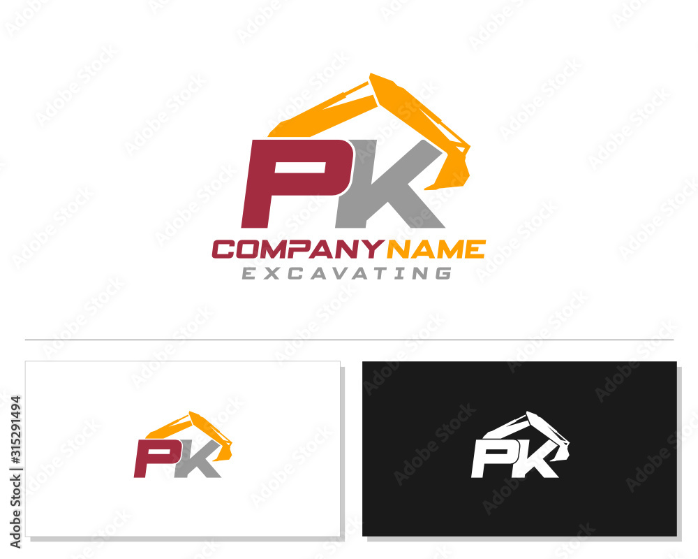 Initial P K PK excavator logo concept vector with arm excavator ...