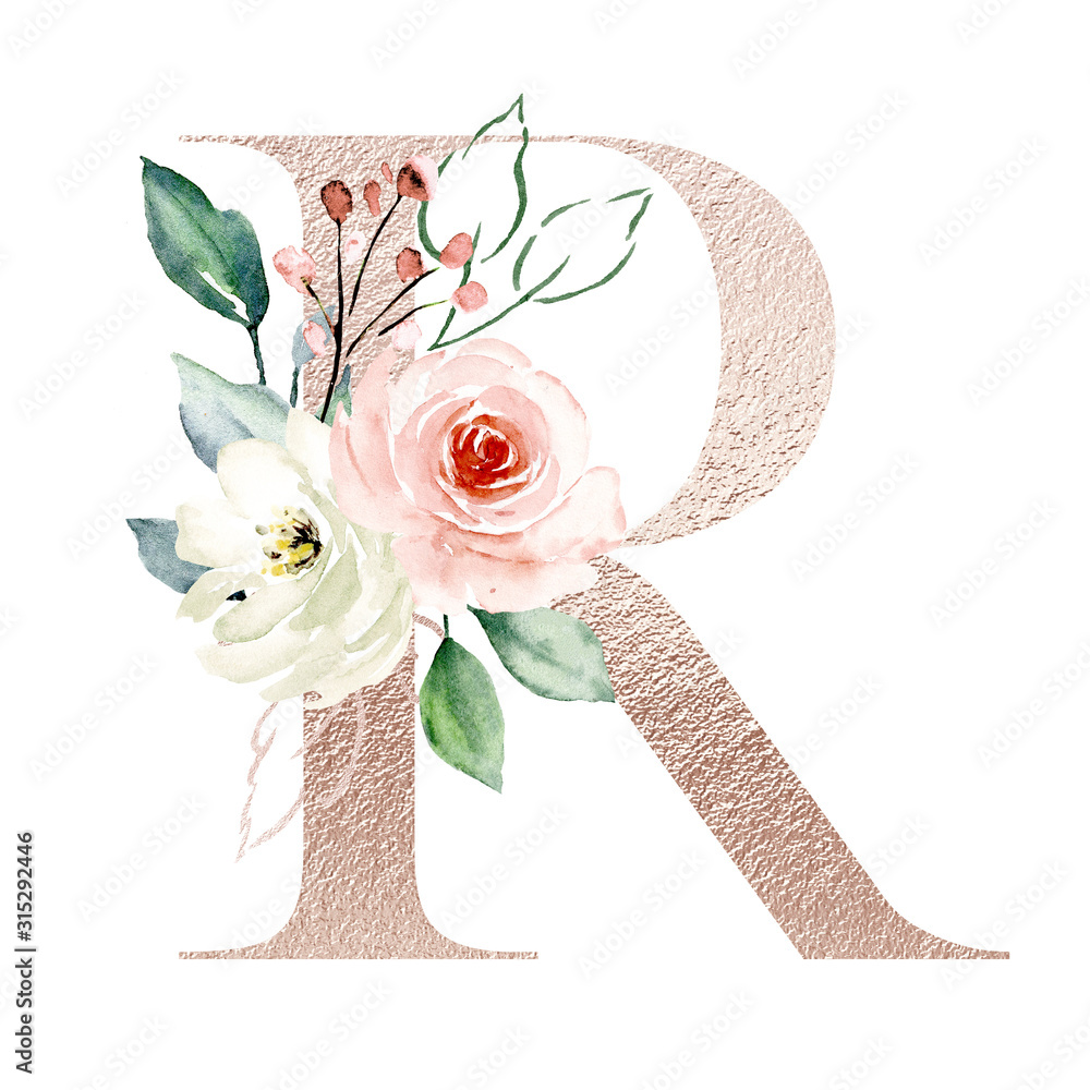 Letter r, gold alphabet letters with watercolor flowers roses and leaf ...