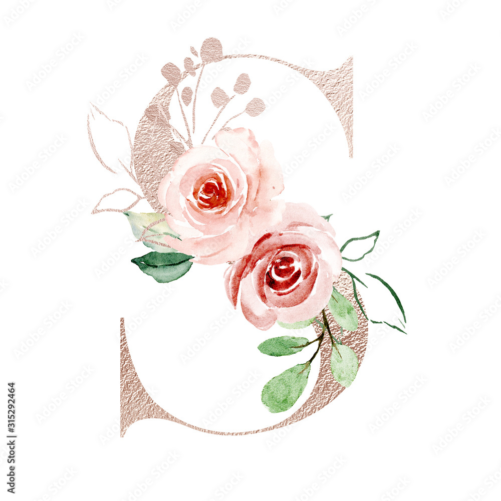 Letter s, gold alphabet letters with watercolor flowers roses and leaf ...