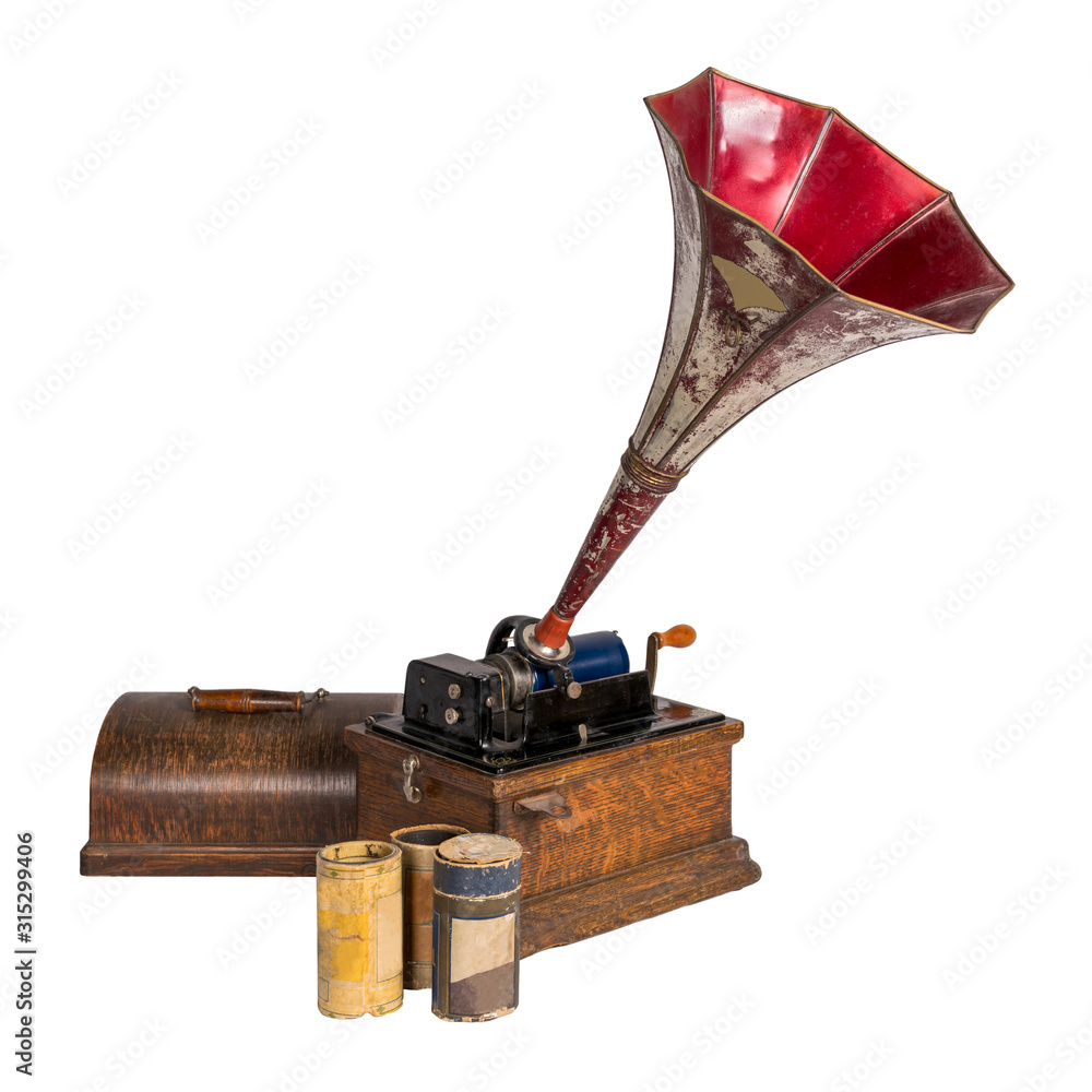 Cut out of 1911 old phonograph with three cylinder records, including ...
