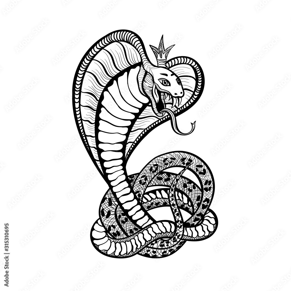 Snake tattoo art design, vector cobra viper in royal crown with tongue ...