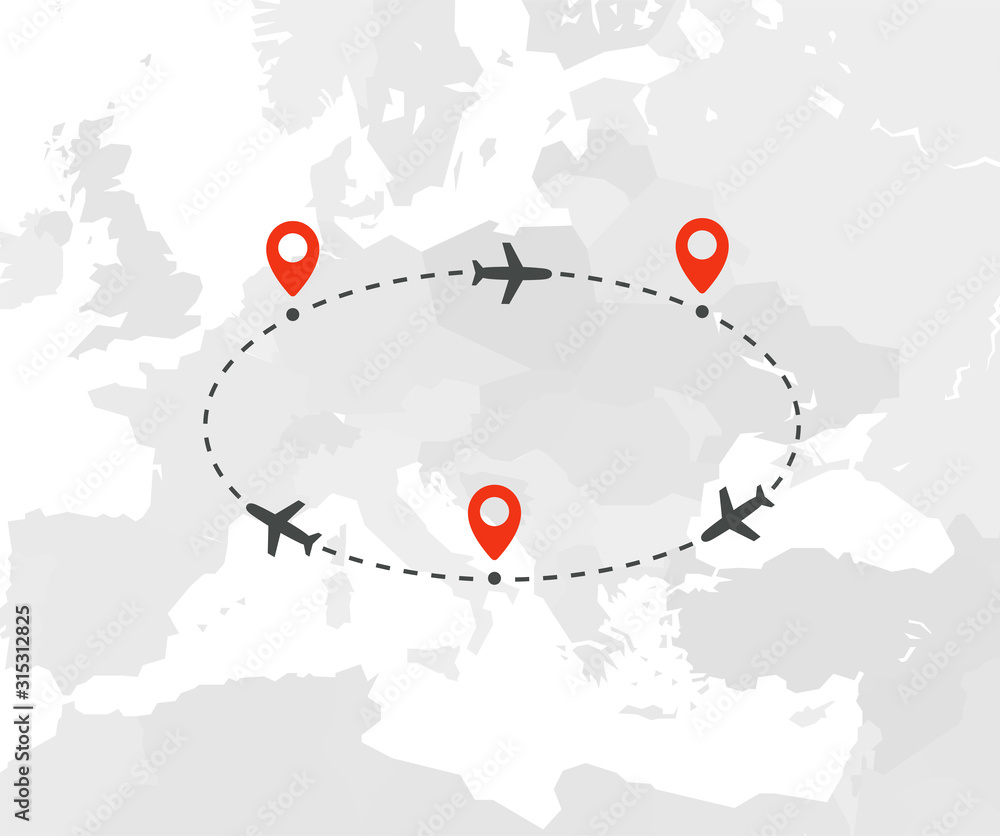 travel route in eastern and northern Europe by plane, plane with flight ...