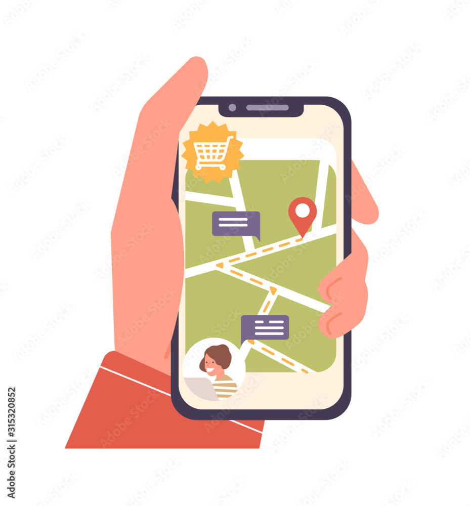 Human cartoon hand holding smartphone with map and location mark on ...