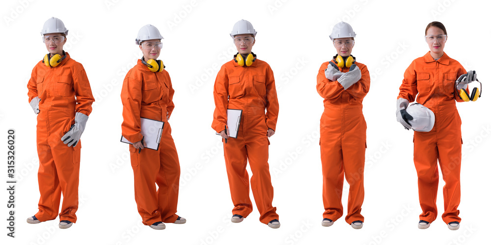 Collection set of Full body portrait of a woman worker in Mechanic ...