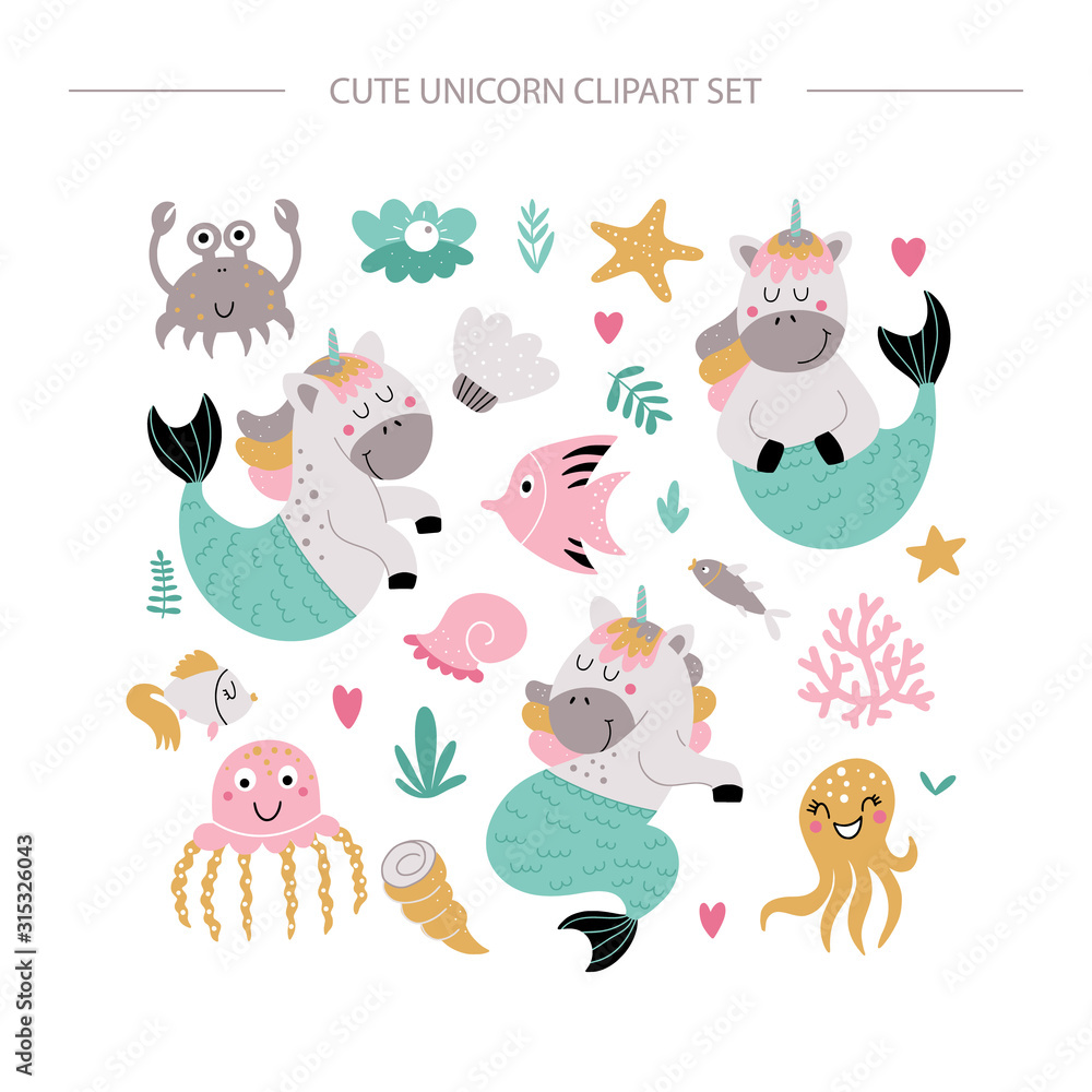 Unicorns and sea animals clipart collection Stock Vector | Adobe Stock