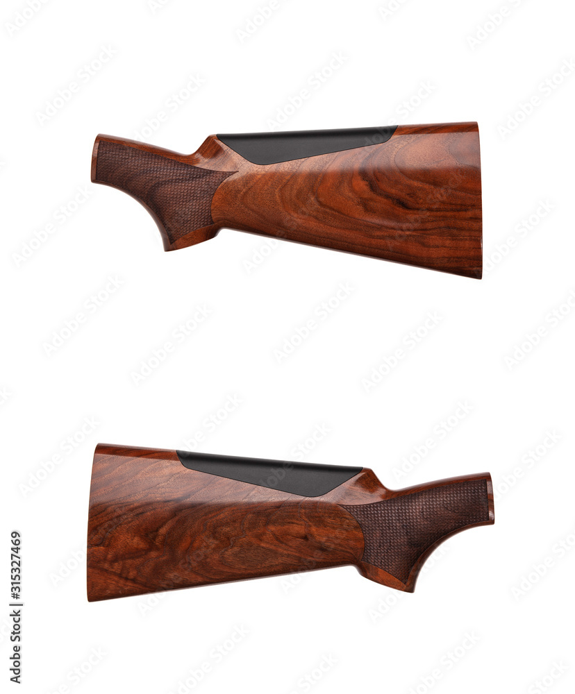 Wooden butt for the gun. Part of a hunting weapon isolate on a white ...