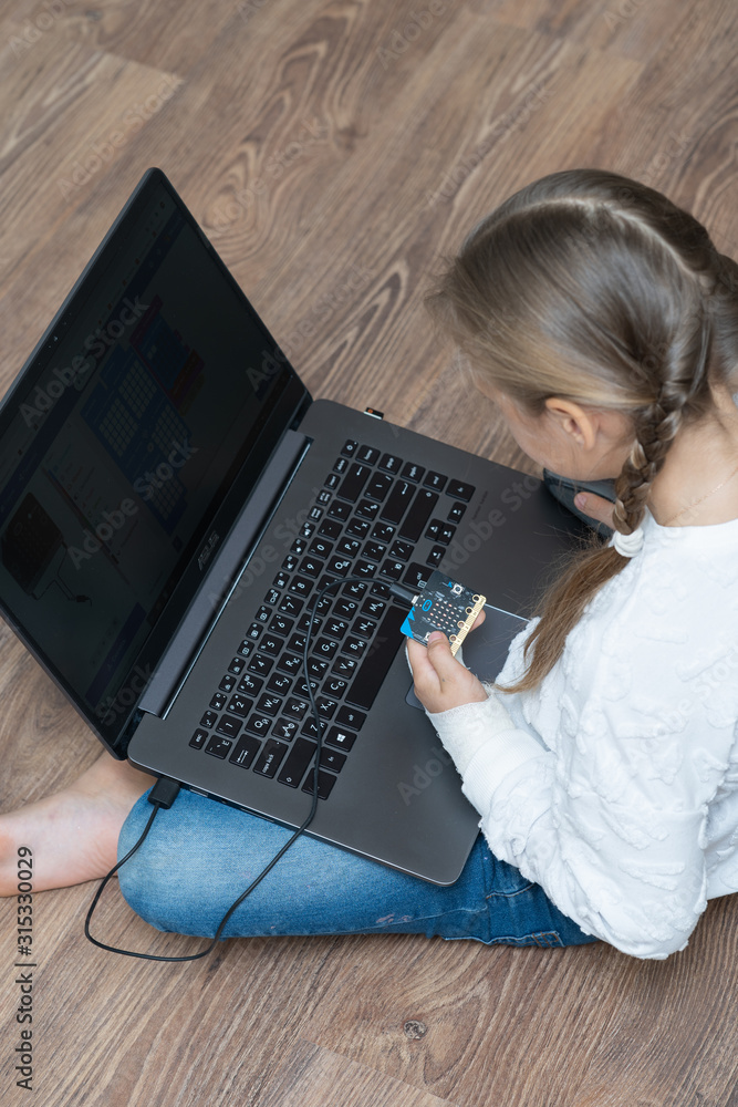 Minsk, Belarus. January, 2020. The BBC robot Micro Bit is connected to ...