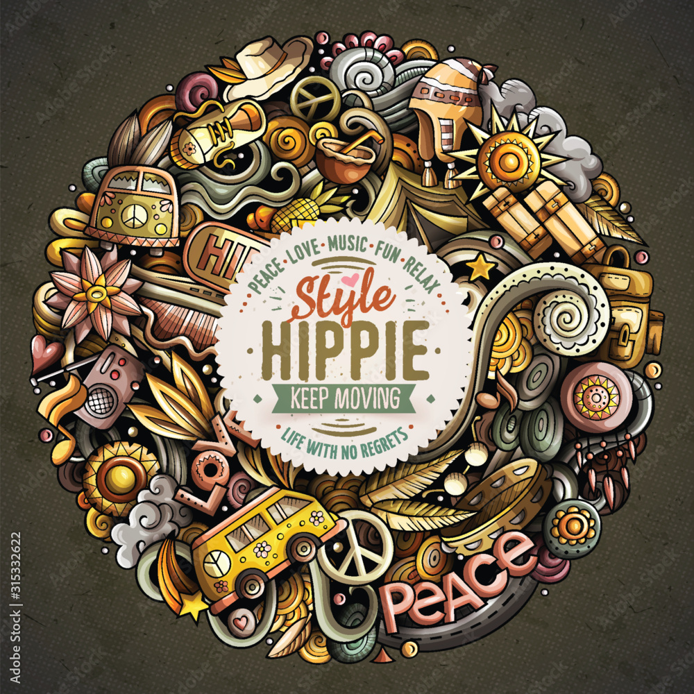 Hippie hand drawn vector doodles round illustration. Hippy poster design. Stock Vector | Adobe Stock