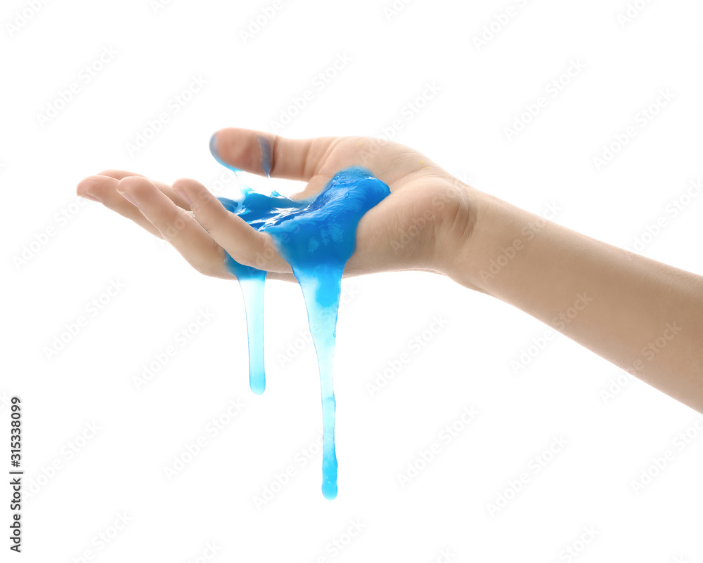 Woman playing with blue slime isolated on white, closeup. Antistress ...