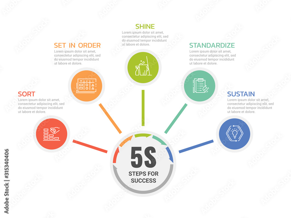 5S steps for success with icon circle are roll diagram chart vector ...