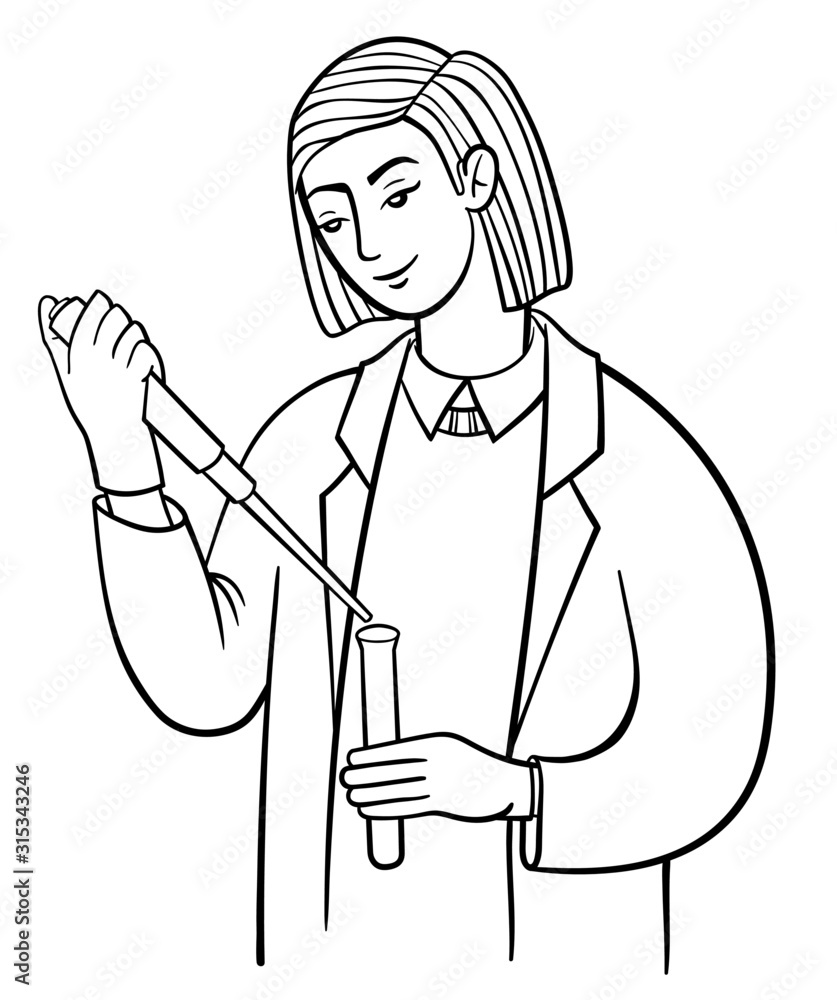 Female researcher works in laboratory. Scientist in white coat at work ...