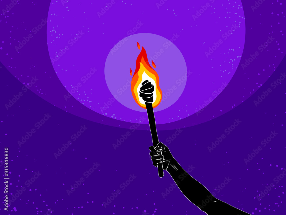 Torch in a hand raised up illuminates the dark vector illustration ...