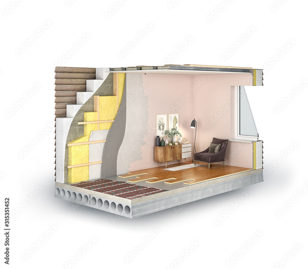 Layered scheme of walls, ceiling and floor components in interior, 3d ...