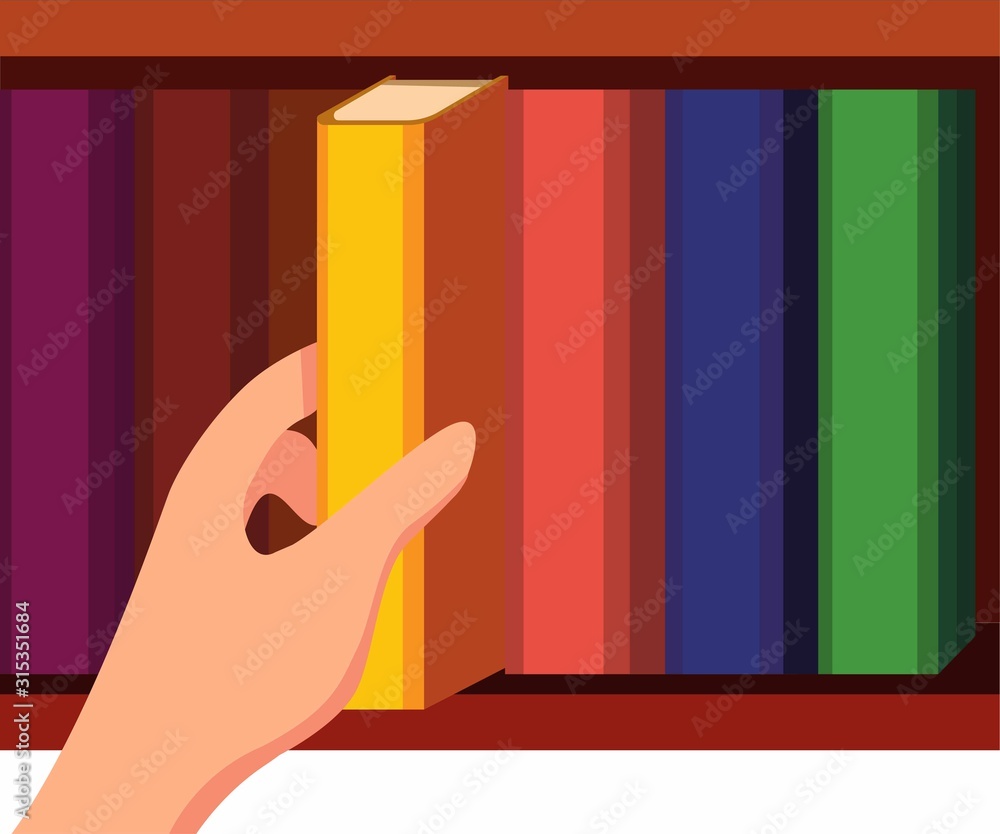 hand taking book from bookshelf. bookstore, library cartoon ...