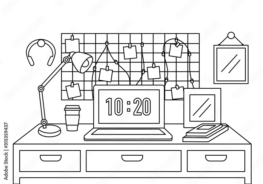 Hand drawn line art office desk with office accessories. Doodle desk ...