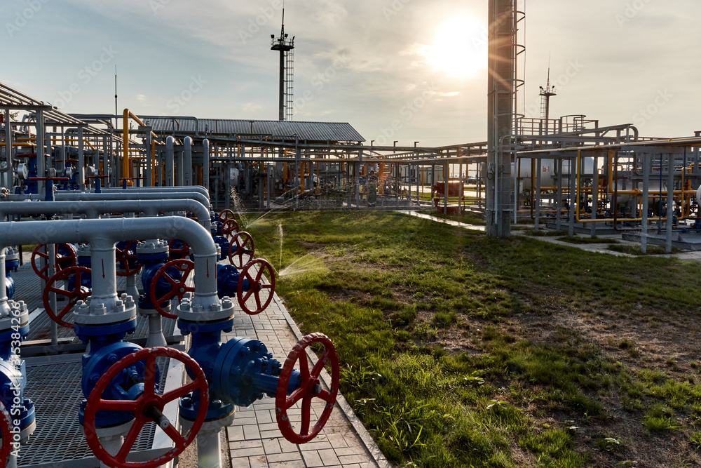 Piping and valves system at a gas processing plant Stock Photo | Adobe ...
