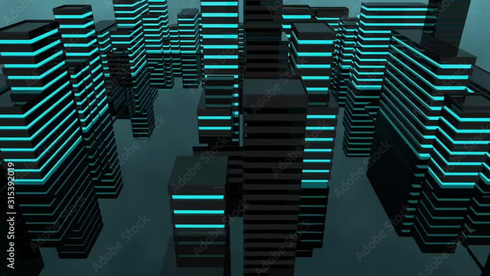 Futuristic City 3d cgi render seamless looping with blue lit buildings ...