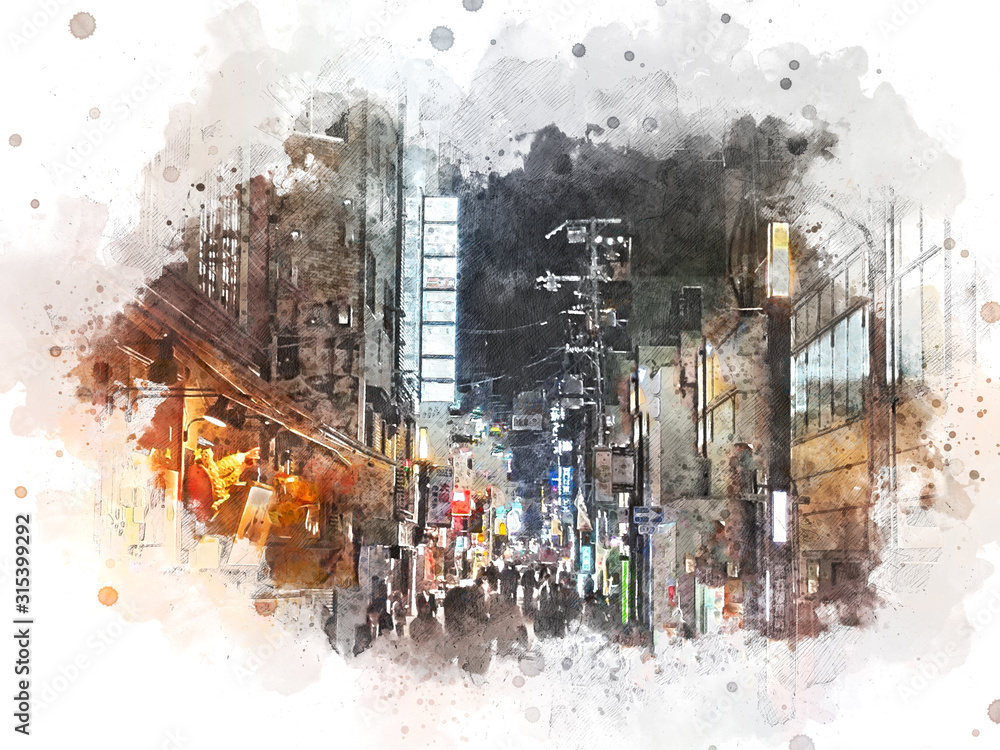 Abstract colorful cityscape buiding and walking street in Osaka, Japan ...