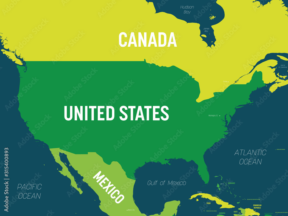 USA map - green hue colored on dark background. High detailed political ...