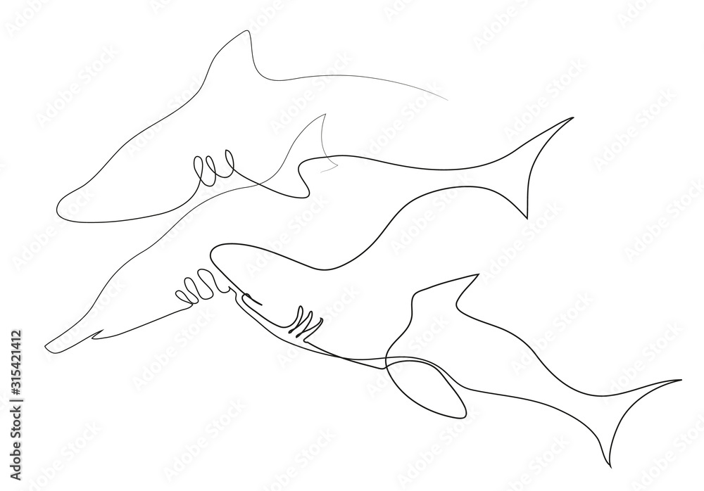 One continuous line drawing of three wild sharks in the sea. Simple ...