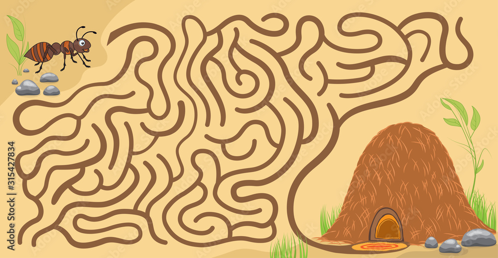 Maze game for kids. Help the little ant to get to his anthill. Stock ...
