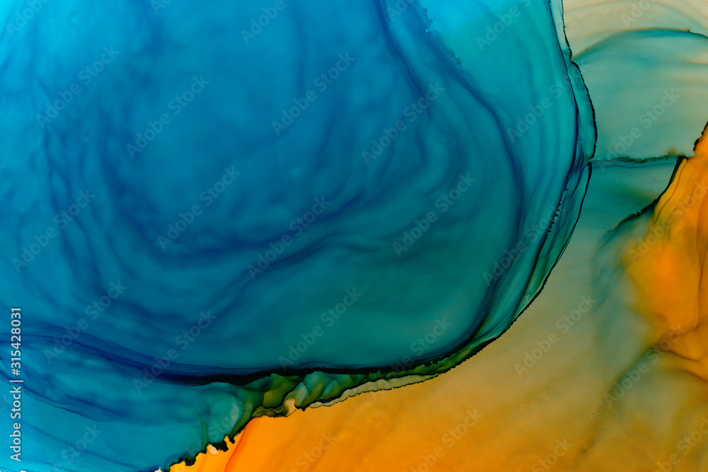 Blue and orange alcohol ink wallpaper. Hand drawn paintbrush swabs ...