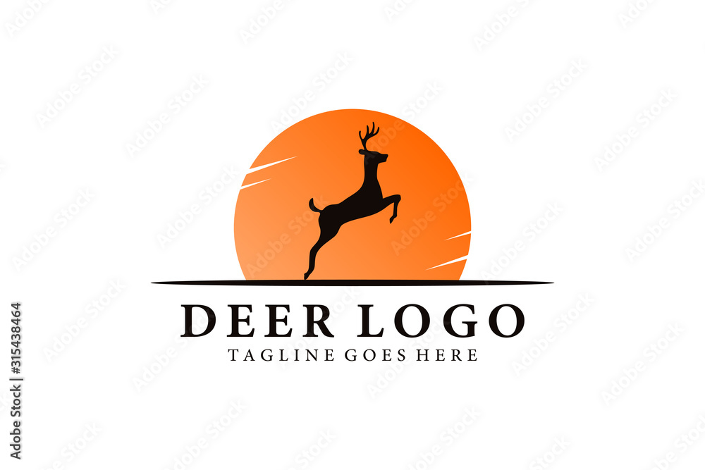 Deer Logo. Jumping Deer with Moon behind isolated on white background ...