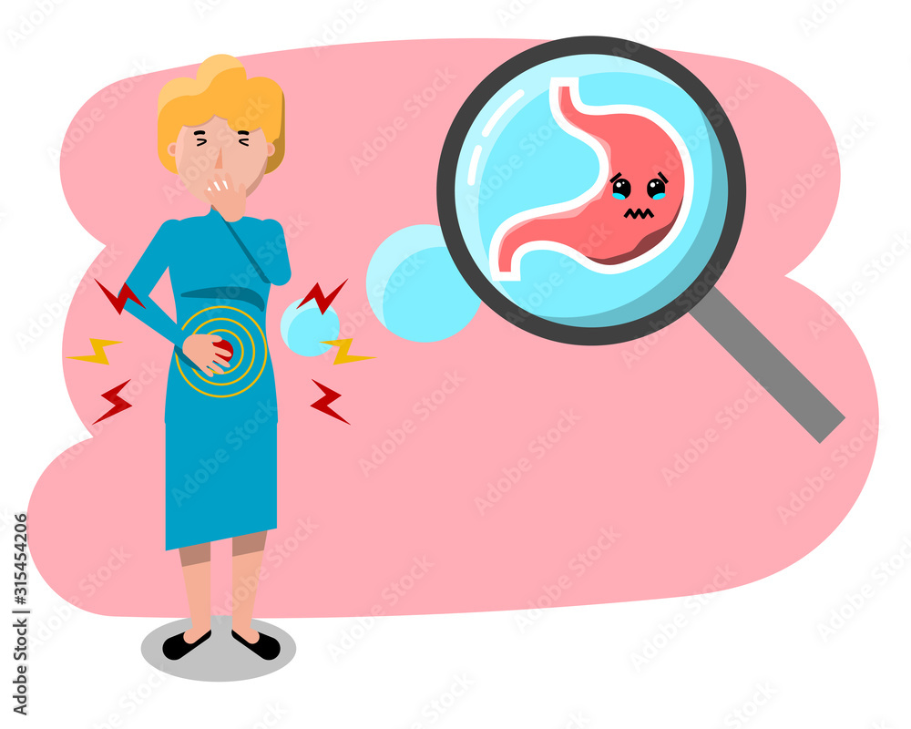 Stomach ache vector illustration. Female cartoon character with ...