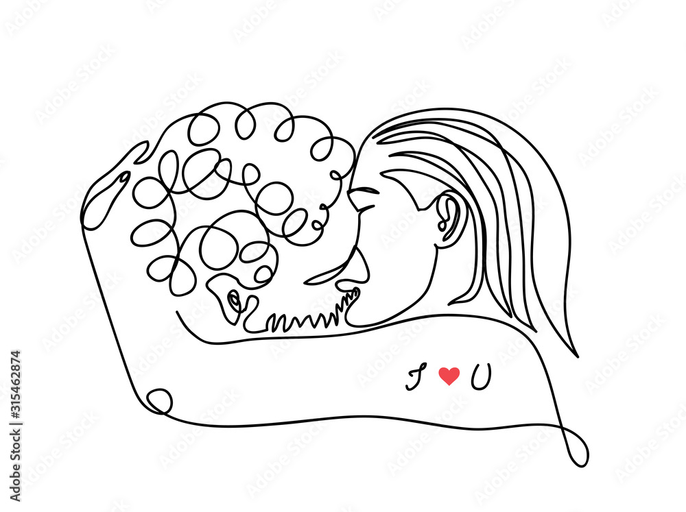 Kiss vector illustration. Love concept. Simple one continuous line ...