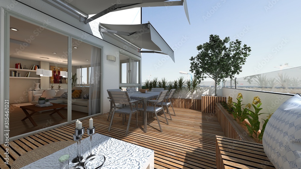 PROYECTO TERRAZA AL AIRE . RENDER 3D Stock Illustration | Adobe Stock