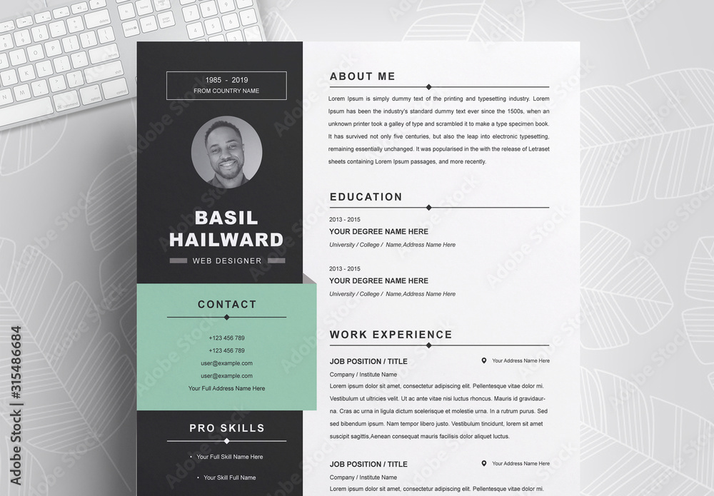 Resume Layout with Dark Gray Sidebar and Mint Green Accents Stock ...