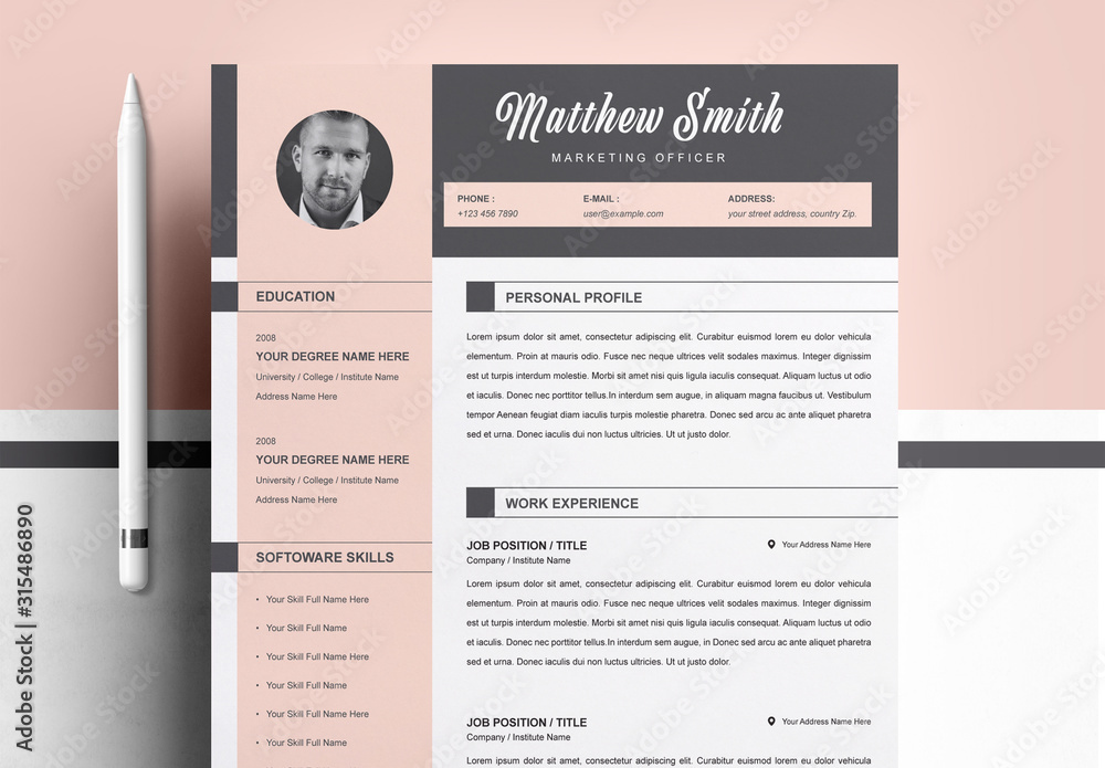 Resume Layout with Pink Sidebar and Dark Gray Header Stock Template ...