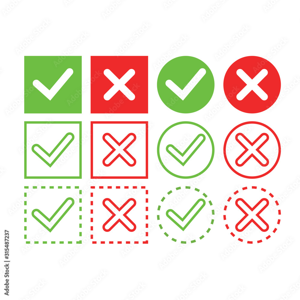 Set validation buttons. Tick and cross different signs. Checkmark and x ...
