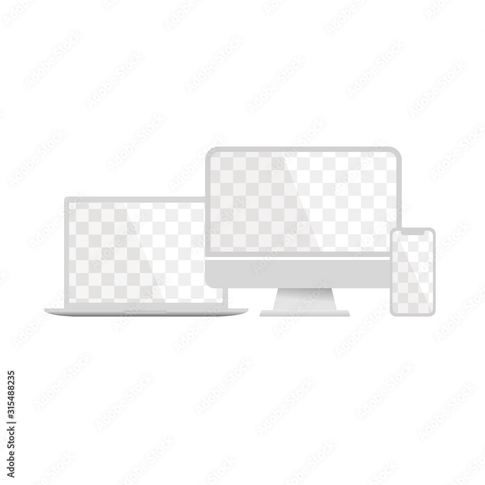White devices. Computer, smartphone and laptop with transportent screen ...